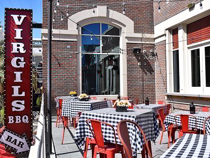 Virgil's outdoor patio with its checkered tablecloths offers a slice of BBQ authenticity amid the Vegas glitz.
