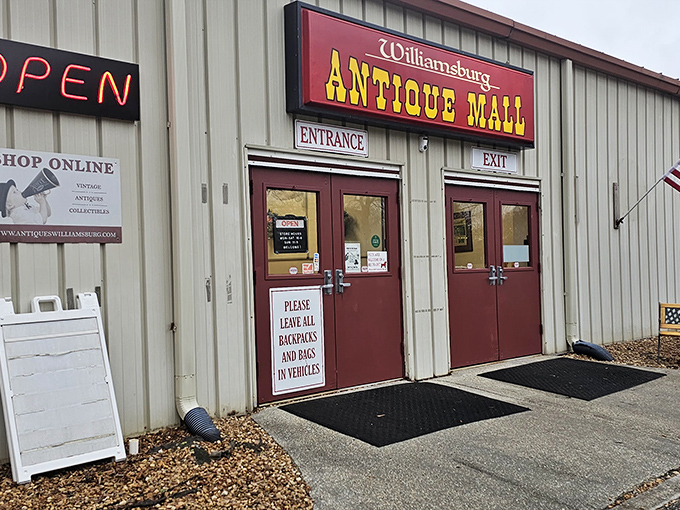 Williamsburg Antique Mall's no-nonsense entrance promises colonial treasures without colonial prices. History buffs, your paradise awaits!