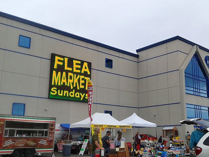 Under clear blue skies, Wolff's transforms asphalt into opportunity, where Sunday shoppers hunt for bargains beneath colorful tents.