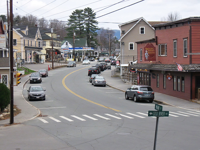 Mountain views frame this winding main street like a natural amphitheater, making every drive feel like a scenic performance.
