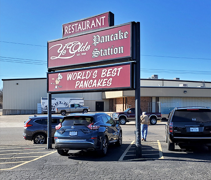 Ye Olde Pancake Station's bold sign declares pancake supremacy with the confidence of true breakfast royalty.