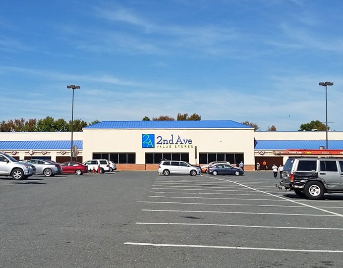 That blue roof signals serious thrift store business - generations of bargain hunters have found gold here.