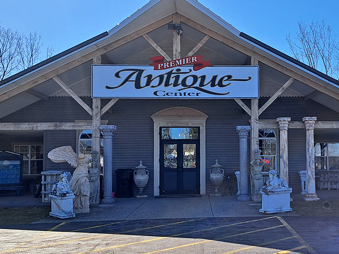 Classic building exterior promises indoor adventures filled with antique dreams and nostalgic discoveries.