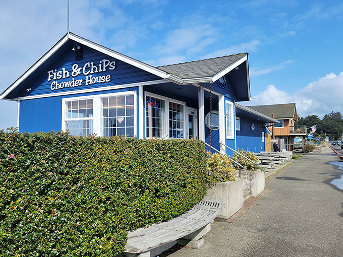 A bright blue seafood restaurant in Bandon offers fresh fish and chowder with ocean views, showcasing the coastal town's maritime dining culture.