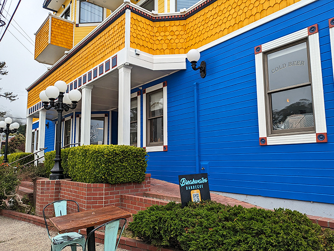 The cheerful blue and yellow exterior of Breakwater is California's way of saying "barbecue doesn't have to be serious to be serious."
