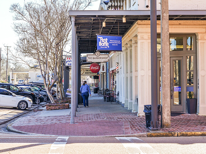 Covered walkways in downtown Brookhaven offer shade for window shopping &ndash; and shelter for spontaneous conversations with neighbors.