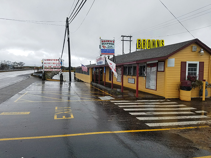 Rain-slicked pavement leads to Brown's &ndash; where even stormy days can't keep the faithful from their lobster fix.