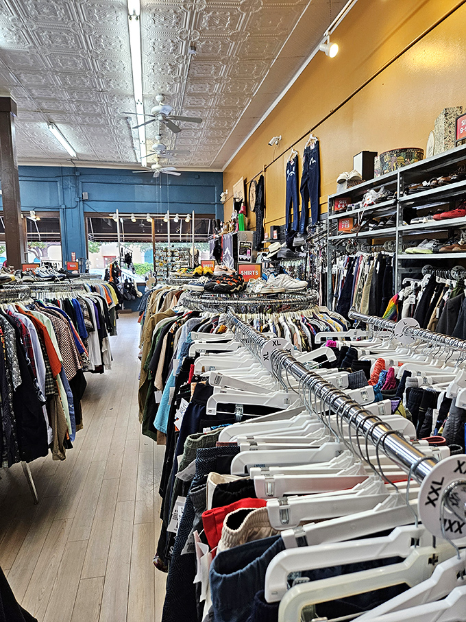 Racks of carefully curated clothing await their second chance at fashion greatness. Marie Kondo would approve of this joy-sparking collection!