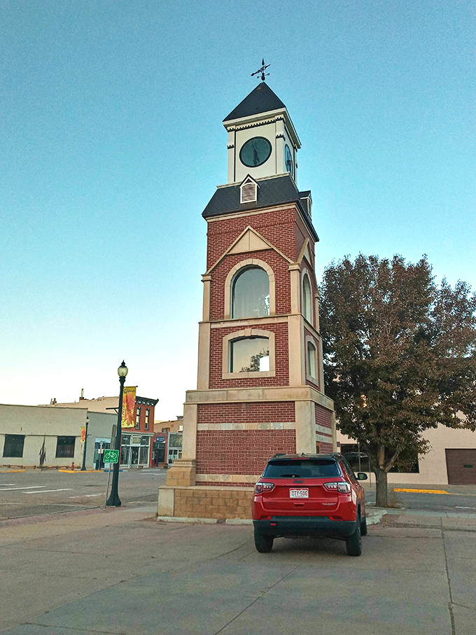 The brick clock tower marks time in this ranching community, where mountain views frame everyday life.