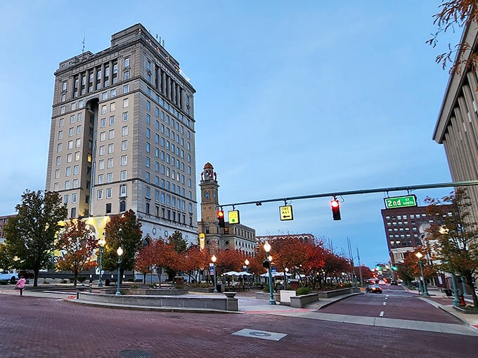 Canton&rsquo;s streets come alive in the evening with glowing lights, tall buildings, and the welcoming charm of downtown life.