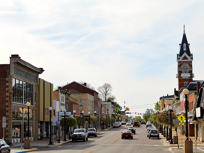 Clarion's historic buildings frame a street where your Social Security check doesn't immediately vanish into thin air upon arrival.