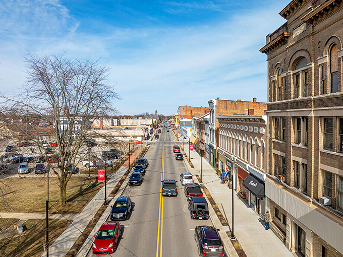 Downtown runway! Connersville's main drag offers a catwalk of architectural fashions spanning decades, where every parked car seems to pause for the historic building fashion show.
