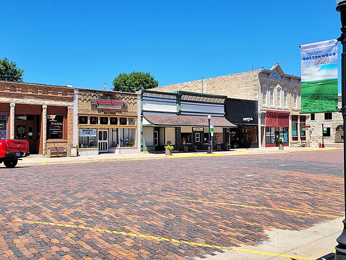 Main Street Cottonwood Falls showcases native stone architecture that grows naturally from the Kansas soil beneath.