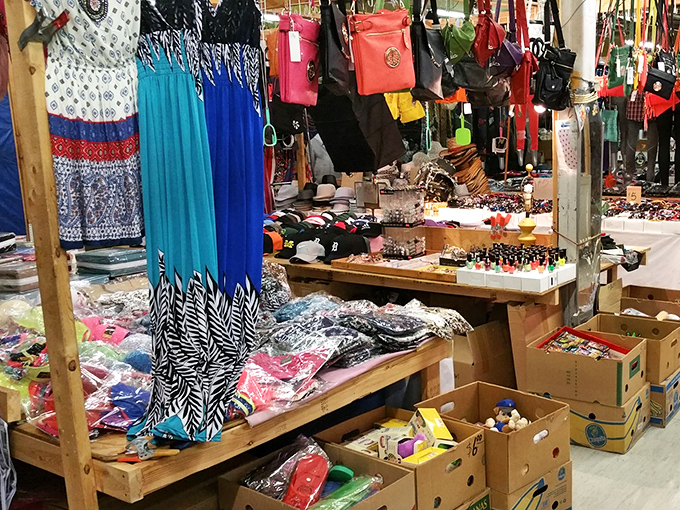 Colorful clothing displays create rainbow rows that would make any department store manager weep with envy.