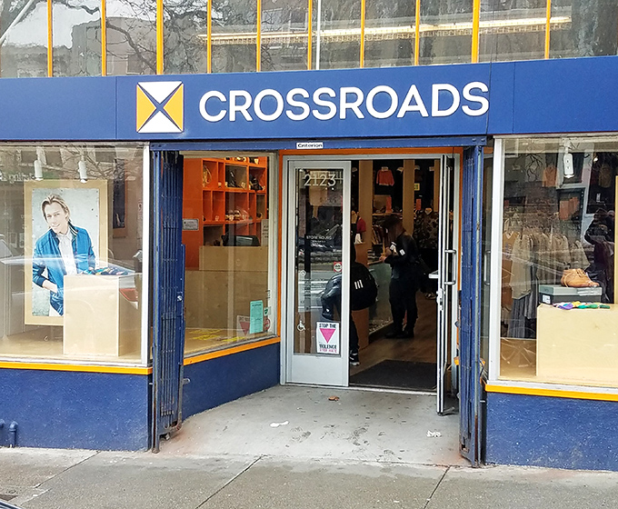 Crossroads' inviting entrance draws fashion-forward thrifters inside. Those wide-open doors reveal glimpses of carefully selected second-hand style.