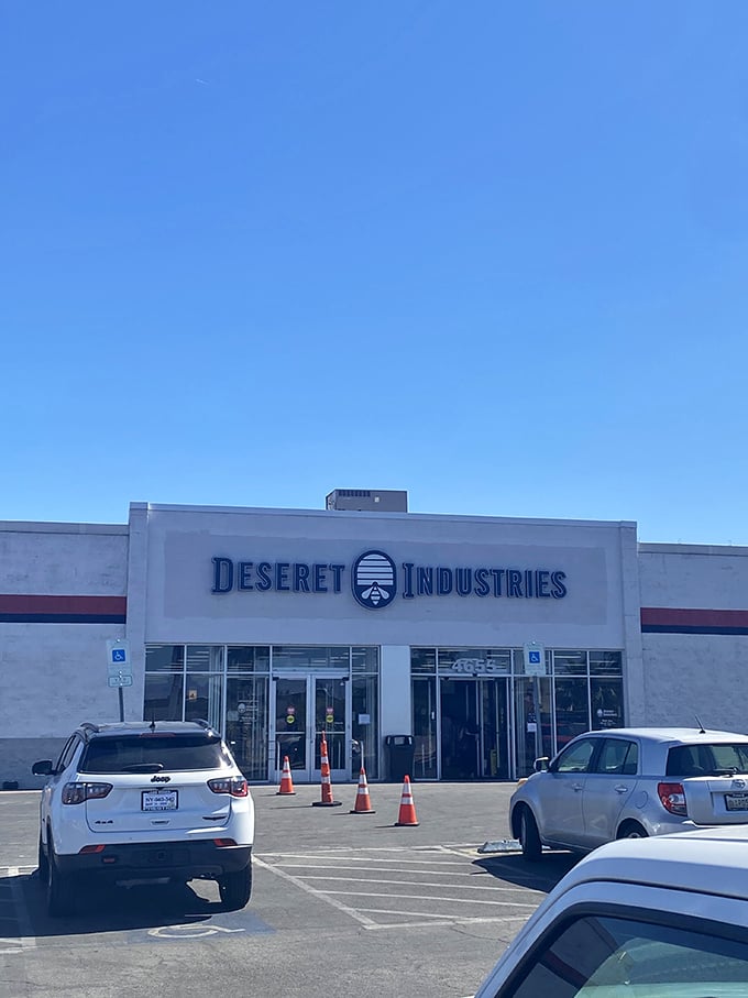 The bright blue sky frames this Deseret Industries perfectly, where inside, the hunt for hidden treasures happens in air-conditioned comfort.