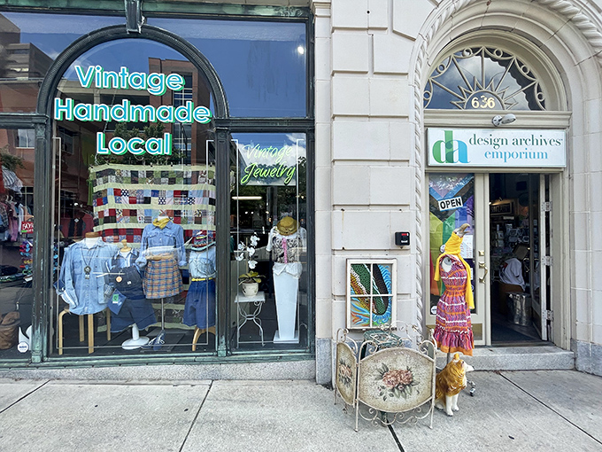That beautiful arched doorway and classic architecture hint at the carefully curated vintage collection housed within. 