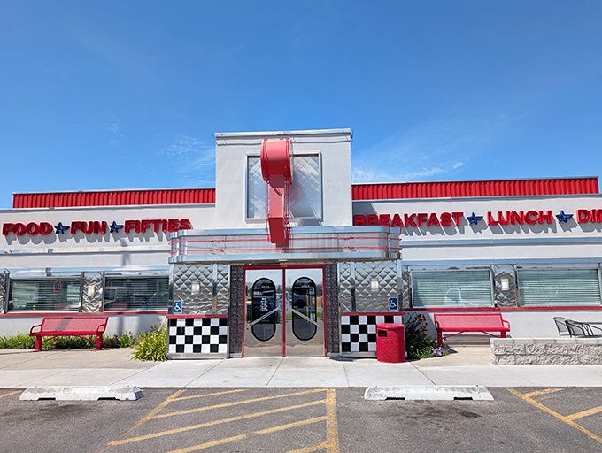 Red, white, and delicious - this retro beauty serves up nostalgia with a side of perfectly crispy hash browns.