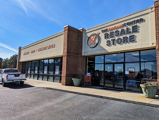 Morning light illuminates The Dream Center's storefront &ndash; a beacon of hope and incredible bargains for early bird shoppers.