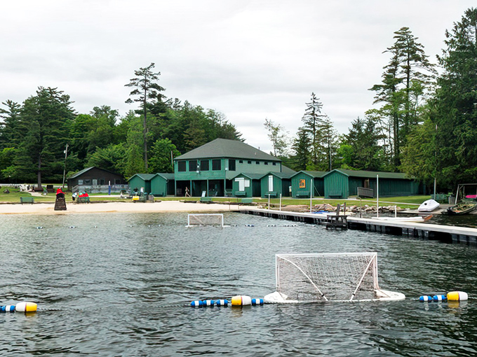Summer camp vibes float across these calm waters where floating soccer goals promise endless family fun.