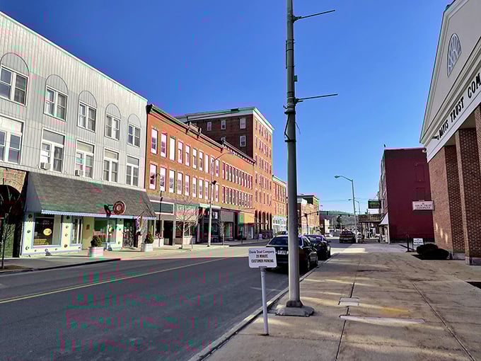 Downtown Elkins blends contemporary structures with classic brick buildings under brilliant blue skies. The kind of main street that makes you want to park the car and explore on foot.