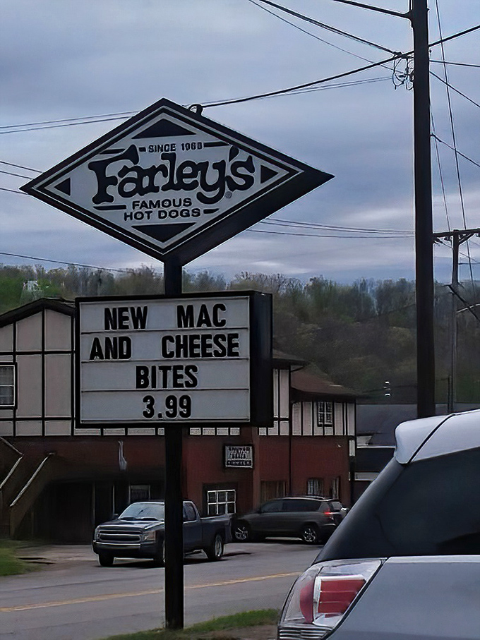 The sign advertising "Mac and Cheese Bites" proves that even classics know when to introduce a tasty plot twist.
