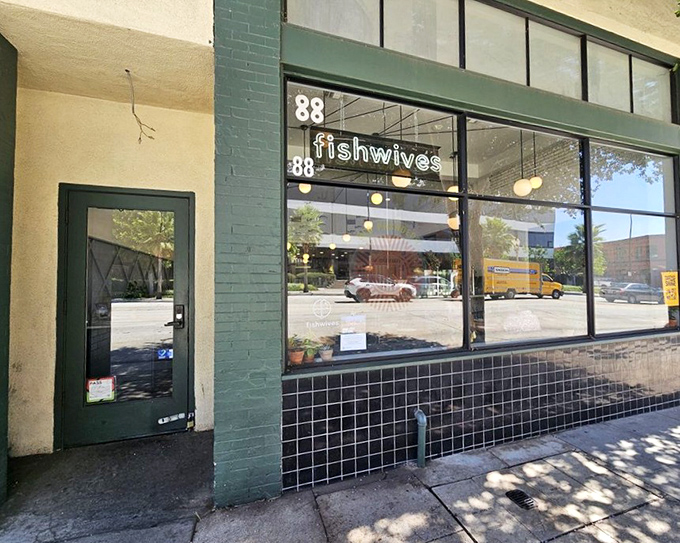 Fishwives' sleek green facade offers a contemporary take on the classic seafood house in unexpected inland Pasadena.