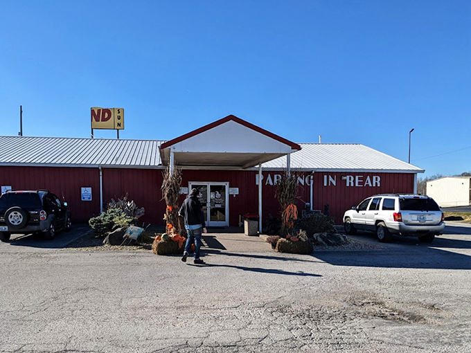 Covered entrance provides shelter for shoppers, proving good deals deserve protection from Kentucky's moody weather patterns.