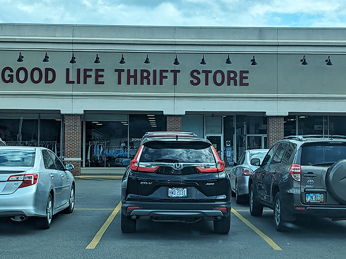 The Good Life Thrift Store stands ready for exploration. Those parking spots will fill quickly on sale days!