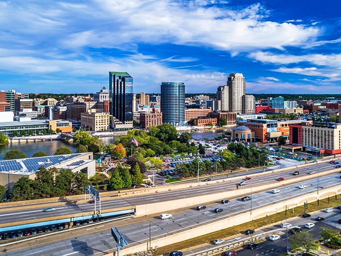 Downtown Grand Rapids blends urban energy and riverfront beauty, showcasing a skyline that reflects the city’s modern spirit.