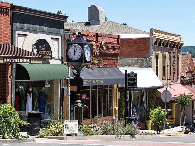 Historic storefronts line the street like old friends, each building holding decades of community memories.