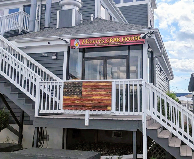 The waterfront deck at Harris offers dining with a view. Because seafood always tastes better with a side of scenery.