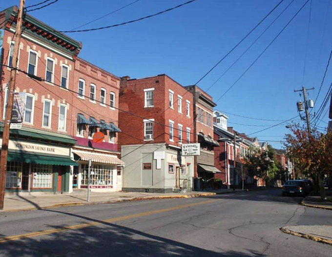 Colorful historic buildings line Huntingdon's streets, offering charm that costs millions elsewhere but fits nicely into a $1,900 budget.
