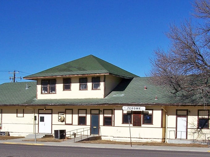 The historic Jerome train depot recalls the town’s railroad roots, a humble reminder of how small-town America once kept the nation moving.