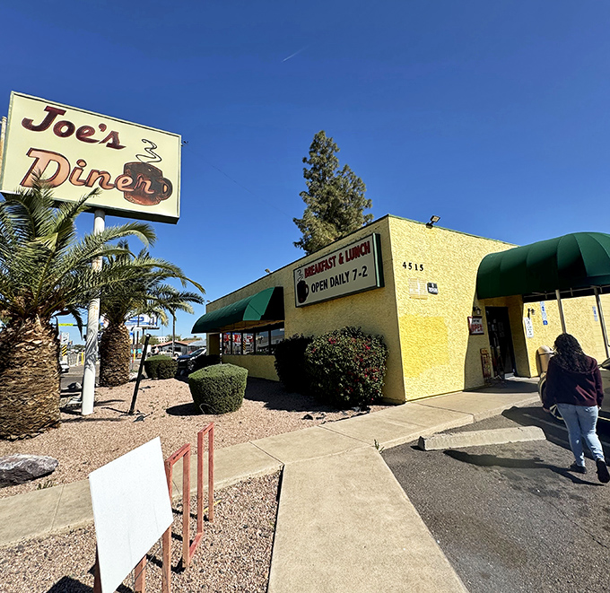 Palm trees frame Joe's Diner like sentinels guarding breakfast treasures – a classic sign that's been guiding hungry folks for decades.