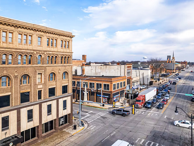 Kankakee's downtown aerial view showcases its riverside setting and grid of affordable neighborhoods waiting to be discovered.