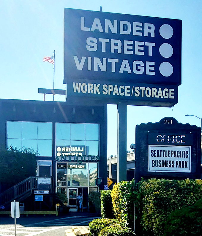 The towering sign stands like a lighthouse for lost treasures, guiding vintage lovers to this industrial-chic paradise.