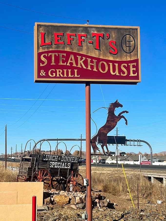 The rearing horse silhouette at Leff-T's stands guard over some of Arizona's finest beef. A roadside beacon for steak pilgrims traveling Route 69.