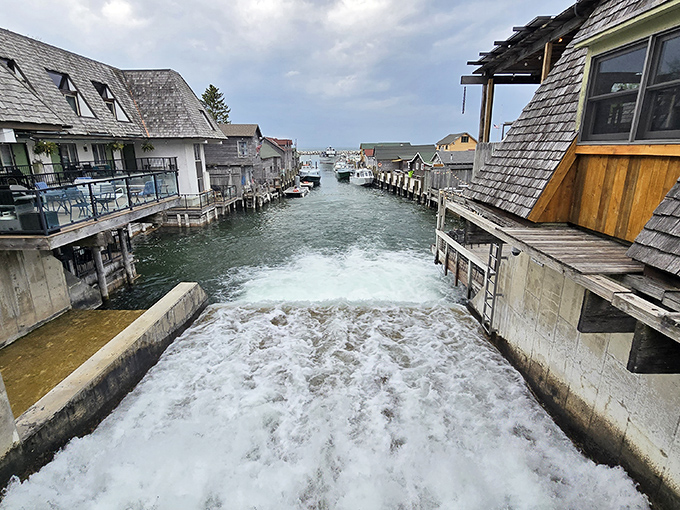 Water rushes through Leland's channel, a constant reminder that some of life's best views come without a premium price tag.