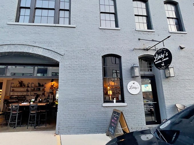 Libby's understated gray exterior and vintage lighting create the perfect backdrop for chicken that's anything but understated.