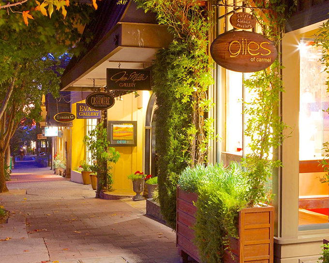 Carmel-by-the-Sea's fairy tale architecture glows at twilight, creating a magical atmosphere for evening strolls between galleries and restaurants.