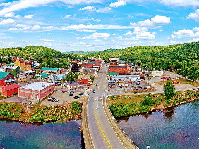 The bridge into New Bethlehem offers a bird's-eye view of this affordable river town nestled among Pennsylvania's rolling hills.