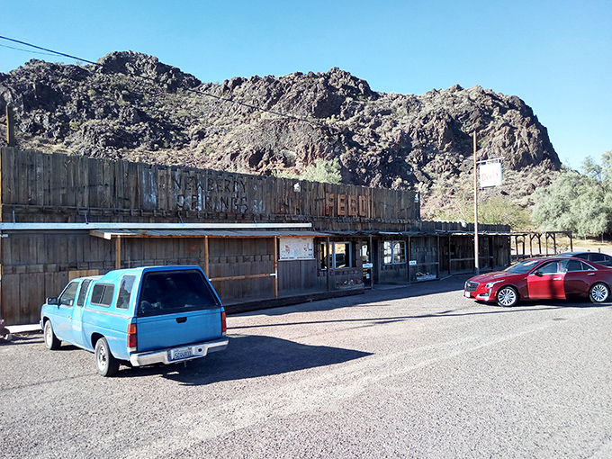 Desert history lives on in this weathered wooden storefront, where Route 66 memories linger like dust after a passing car.