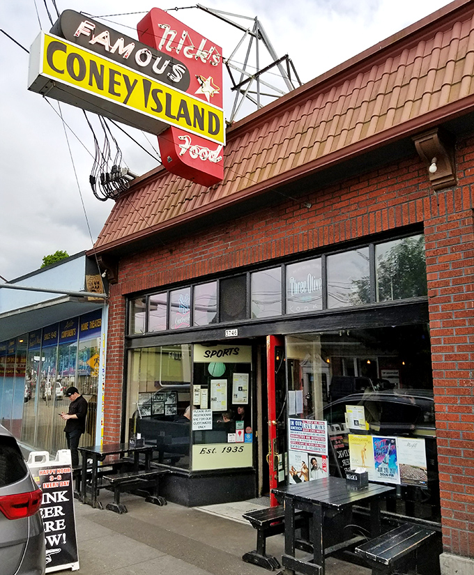 The brick facade of Nick's holds decades of Portland dining history and countless Coney Island dog memories.