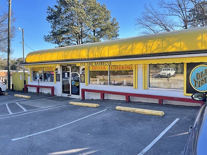 The cheerful red and yellow exterior of Ole Time Barbecue promises the kind of meal your grandparents would approve of.
