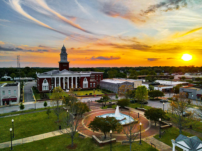 Opelika's historic courthouse anchors downtown like a grandfather clock, marking time affordably and elegantly.