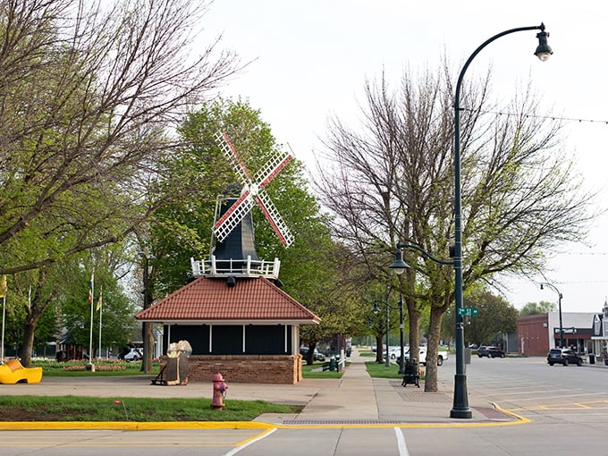 That Dutch windmill stands ready to grind grain or just make tourists smile widely.