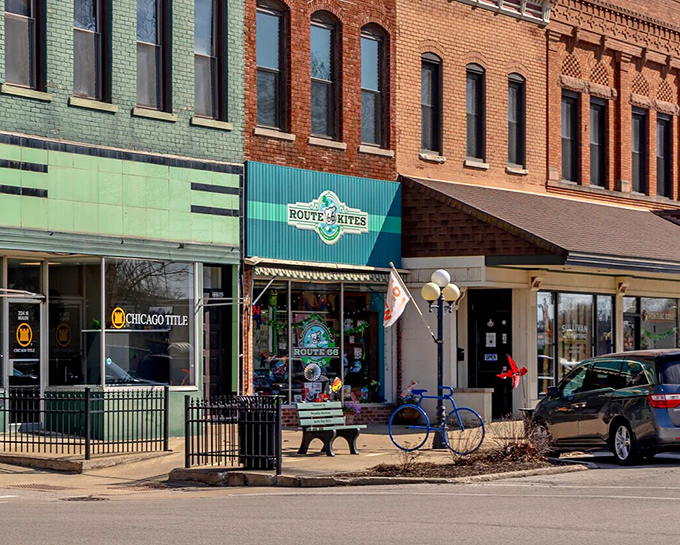 The brick buildings of Pontiac's town square stand proudly preserved, their detailed architecture telling stories of the town's prosperous past.