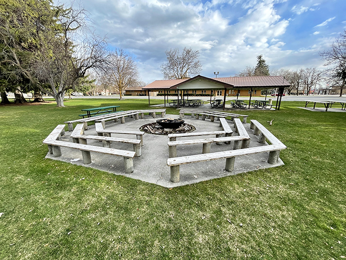Community gathering spaces like this park in Preston offer free entertainment for locals enjoying affordable small-town living.