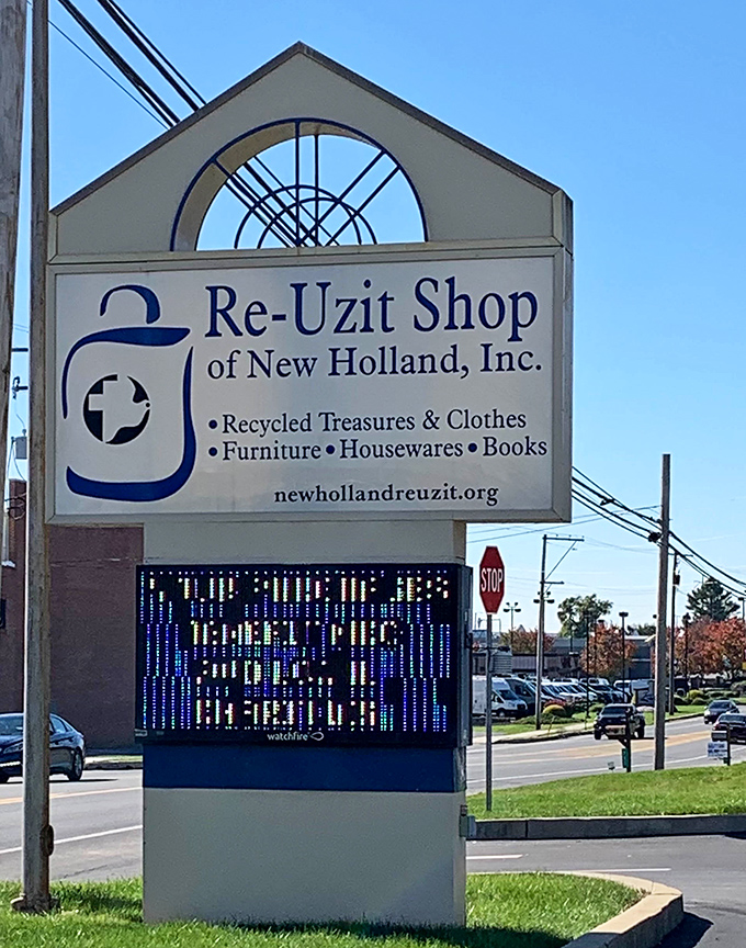 Digital displays and modern signage bring 21st-century convenience to timeless thrift store values.